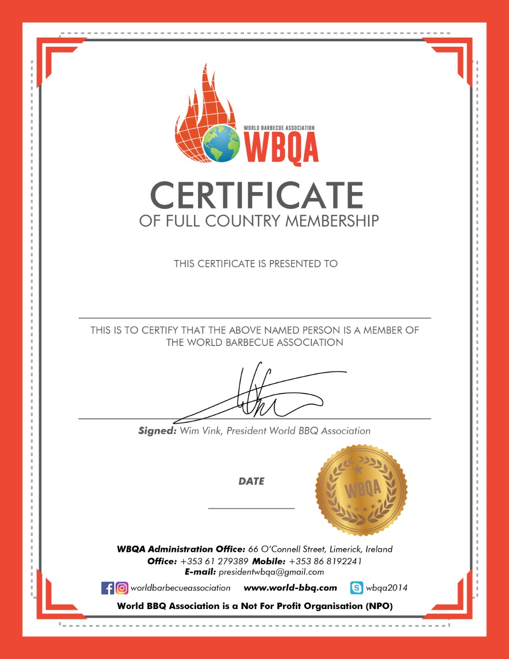 Certificate of Full Country Membership - WBQA - World BBQ Culinary ...